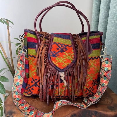 Heybe Tassel Saddlebag Long Crossbody Bags From Antique Kelim, Wine Carry Bag, Christmas ...