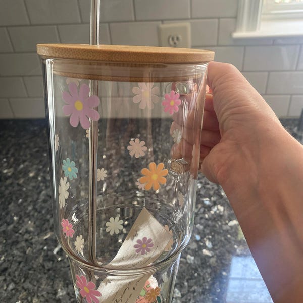 Flower Glass Cup, Large Glass With Handle, Trendy Cup With Lid and ...