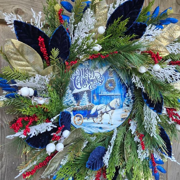 Winter Wreath Sign, Horse and Carriage Wreath Sign, Winter Barn Sign ...