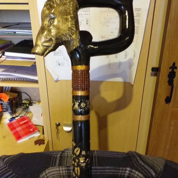 Wooden Cane Bat Carved Handle and Staff Wood Walking Stick Hand Carved ...