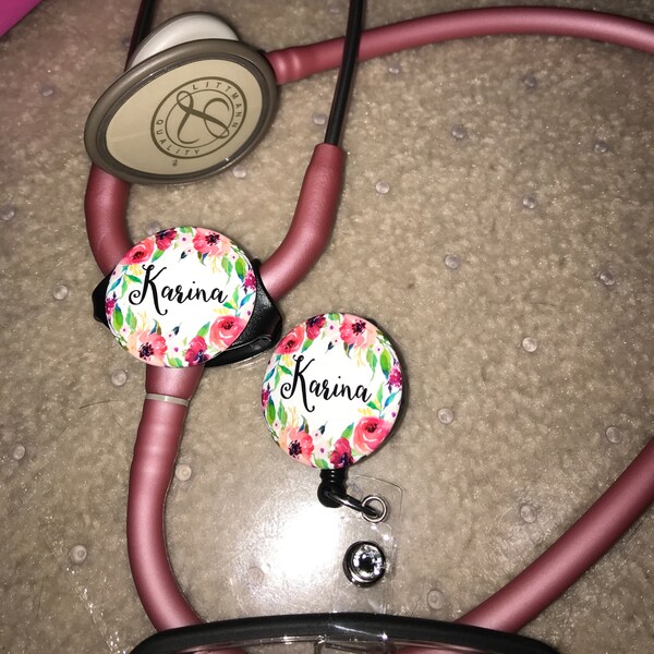 Pink & Black Floral Wreath Stethoscope ID Tag N Cardiology Stethoscope ...
