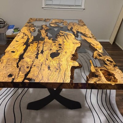 Custom Olive Dining Table, Black Epoxy River Table, Live Edge Kitchen ...