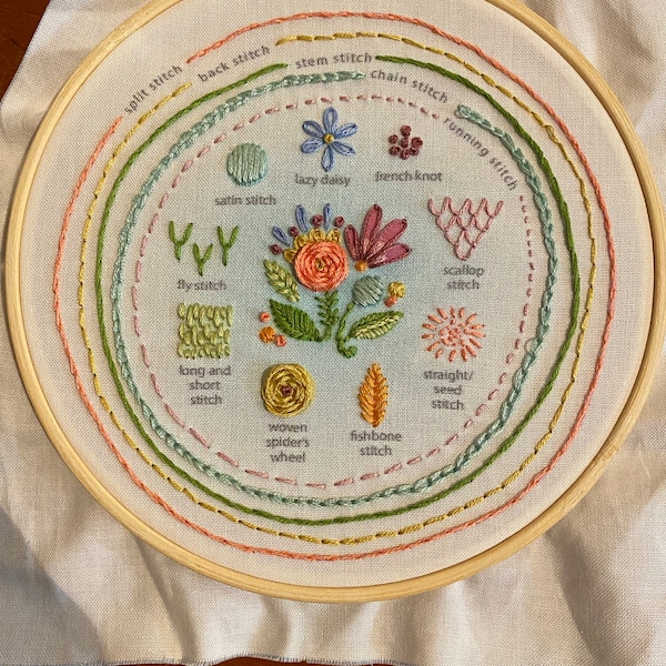 Stitch Sampler Full Kit Beginner Hand Embroidery Design, Printed Hand ...