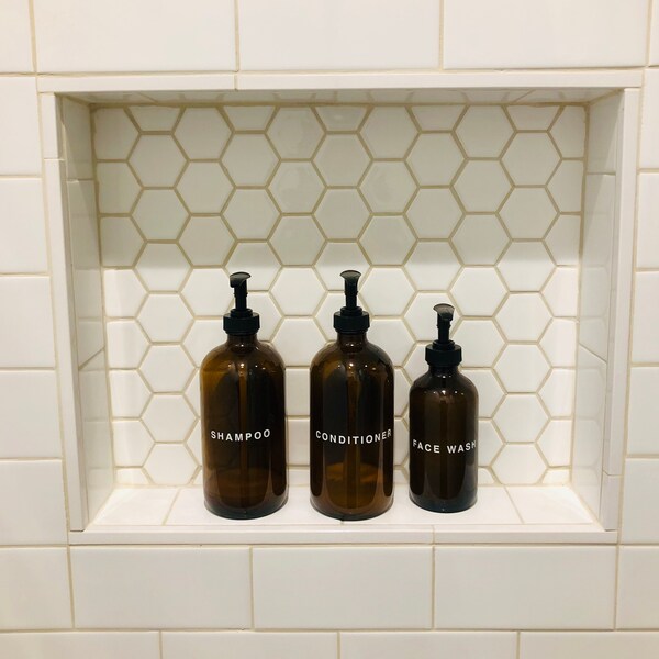 Glass Bathroom Set - 16oz | Amber Glass Shampoo, Conditioner & Body ...