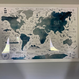 Watercolor World Map Print, Nautical Nursery Art, Kids Room Printable ...