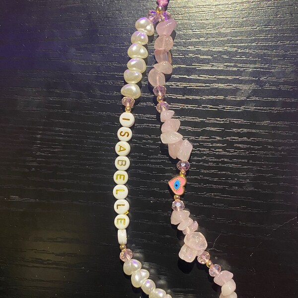 Rose Quartz Gemstone Phone Strap, Healing Crystal Beads Phone Charm ...