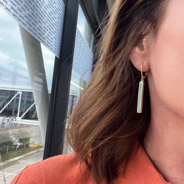 Turquoise Bar Earrings Gold Turquoise Pendant Earrings Vertical Bar ...