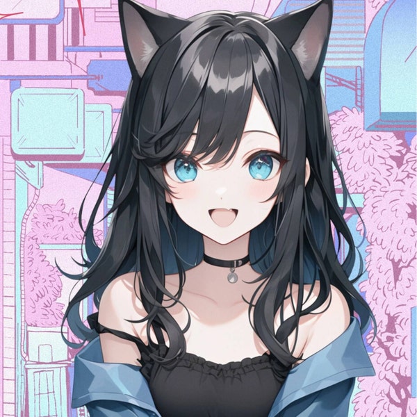 Pngtuber Cat Ear Girl With Black Hair, PNG Tuber Streaming Avatar, Cute ...