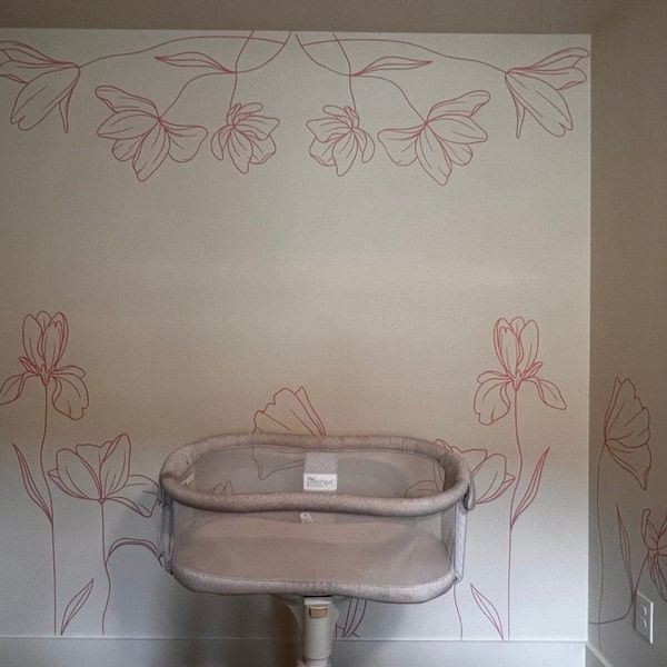 Minimal Line Art Flower Corner Wall Decals – Modern Floral Accent Wall ...