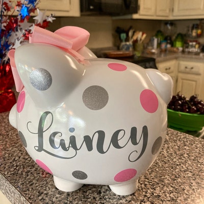 Personalized 9large Piggy Bank Light Pink and Glitter Silver Polka Dot ...