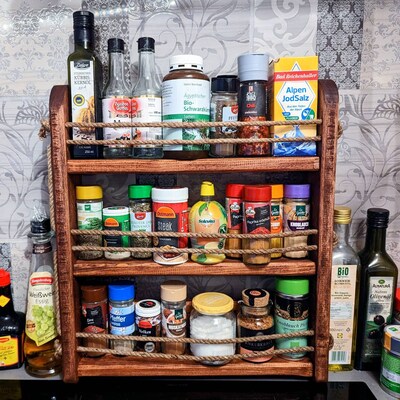 Spice Rack Wooden 3 or 4 Shelf Wall Mounted Kitchen Storage for Herbs ...