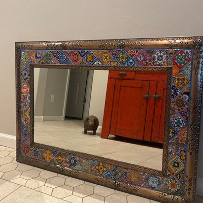 PUNCHED TIN MIRROR Mixed Talavera Tile Mexican Ethnic Hand Made Folk ...