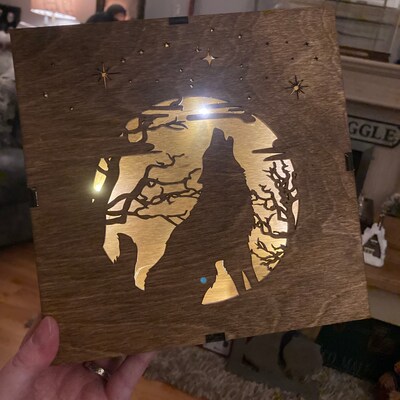 Howling Wolf Light Box Bedroom Rustic Wooden Pyrography Wood Burning ...