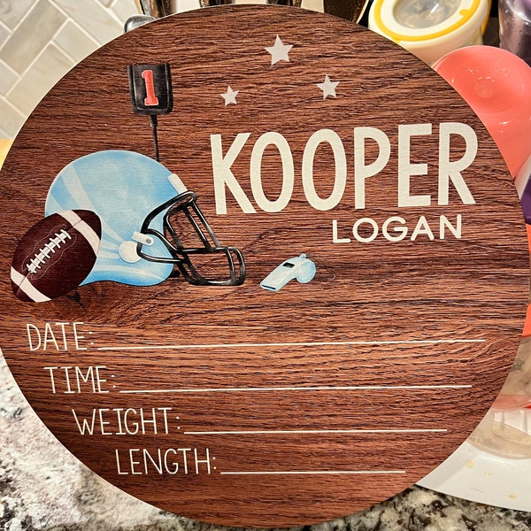 Football Birth Stat Sign, Birth Stat Sign, Round Wood Birth Stat Sign ...
