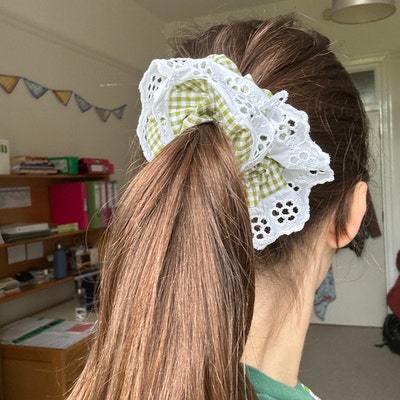 Olive Green Gingham Frill Scrunchie, White Pink Pleated Trim, 15cm ...