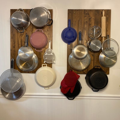 Handcrafted Solid Wood Wall Pot & Pan Rack Vintage Style Skillet Hanger ...