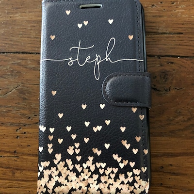 Personalised Initials Custom Wallet Leather Phone Case Rose Gold Hearts ...