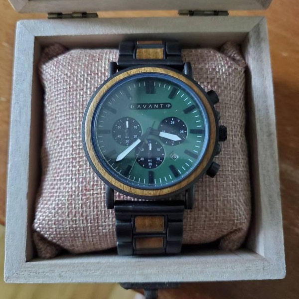 Engraved Wood Watch; Explorer S - 44mm (green Sandalwood & Black Steel ...