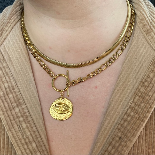 Evil Eye Chunky Chain Layered Necklace, Gold Chain Necklace, Silver ...