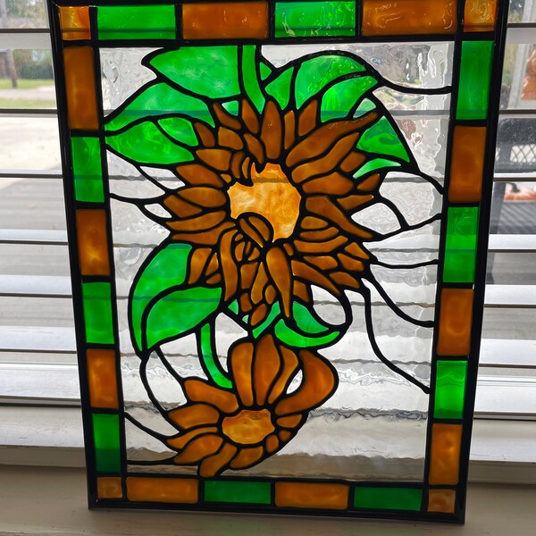 Sunflowers Stained Glass Window Panel Hand Painted. - Etsy