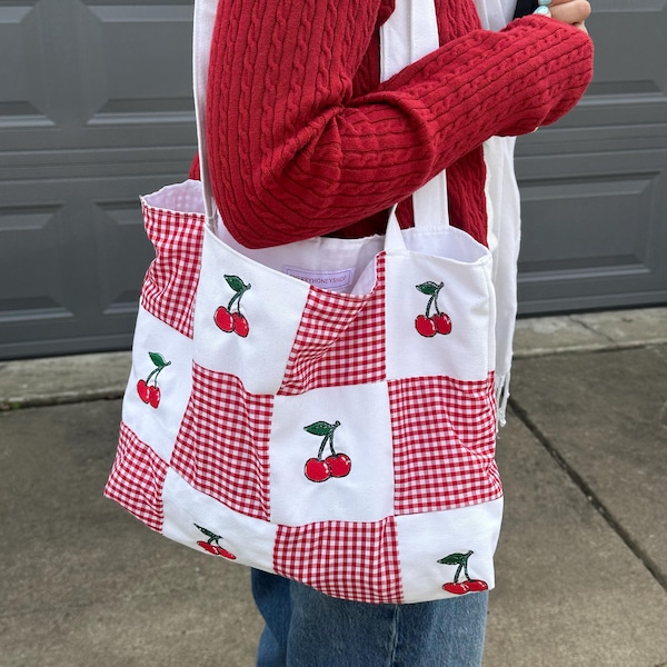 Cherry Bow Embroidered Tote Bag - Etsy