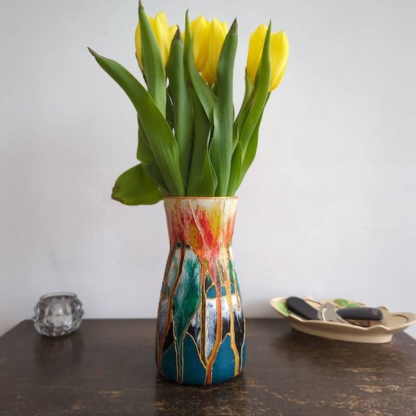 Colourful Vase Vibrant Painted Bud Glass Unique Design Artisan Bright ...
