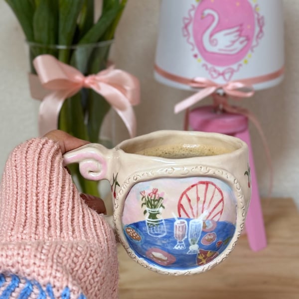 Aesthetic Hand Painted Flower Mug, Handmade Ceramic Floral Design Tea ...