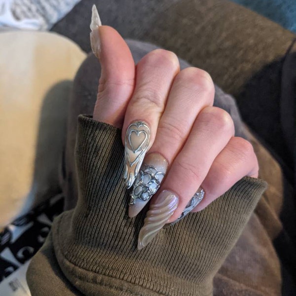 Handpainted Chrome Metallic Gothic Extra Long Stiletto Press on Nails ...