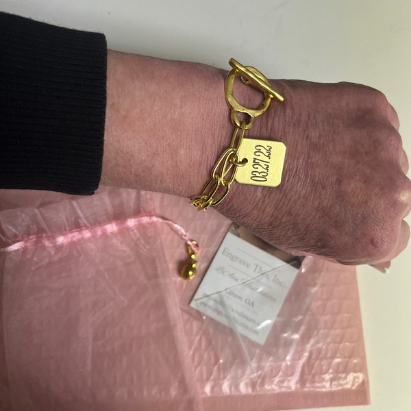 Bracelet, Paperclip Chain, Gold, Square Disc, Toggle, Personalized ...