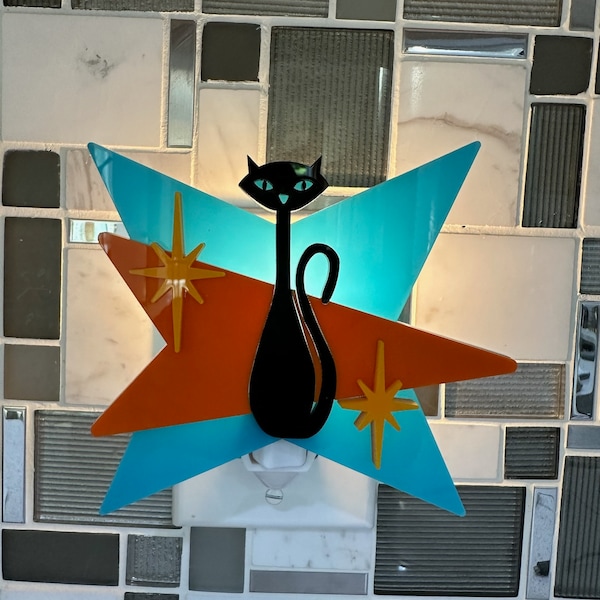 Mid Century Modern Night Light: Black Cat Acrylic Atomic Wall Decor - Etsy