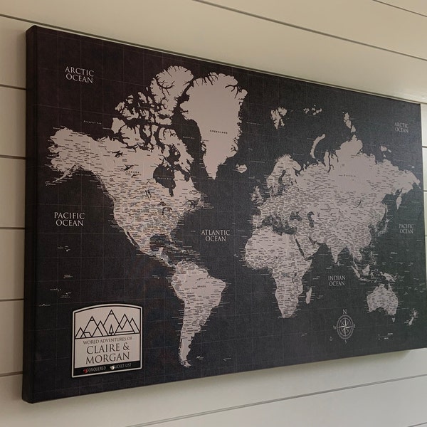 Grey Push Pin World Map Personalized 1-panel Canvas, Custom Travel Map ...