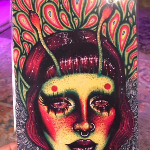 Psychadelic Alien Girl Art Print - Funky Wall Art - A5 Recycled Silk ...