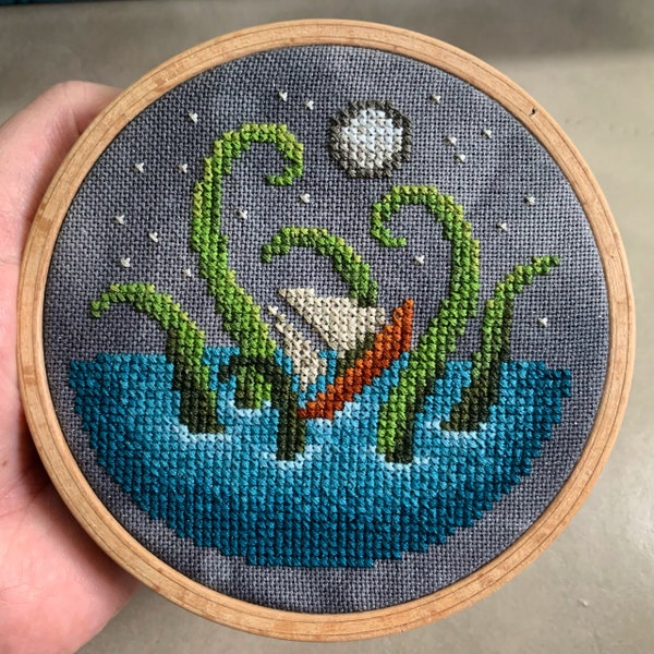 Cross Stitch Pattern - Kraken Moon and Boat - PDF Instant Download - Etsy