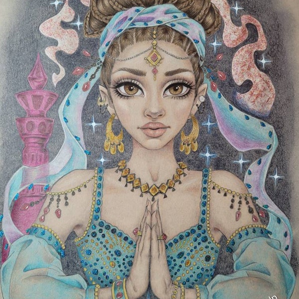 Genie in a Bottle Coloring Page GRAYSCALE Magical Spirit Illustration ...