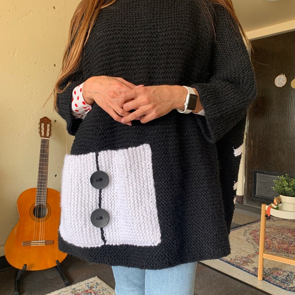 Plus Size - Over Size Sweater Black - White Hand Knitted Sweater With ...