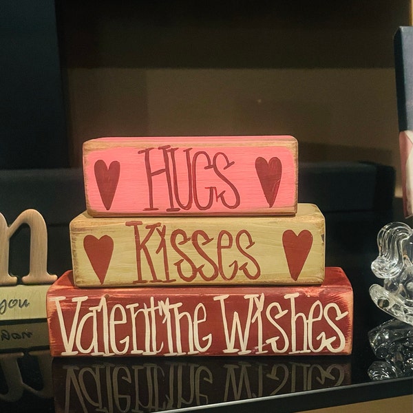 Hand Painted Distressed Hugs Kisses Valentine Wishes Tiered Tray Shelf ...