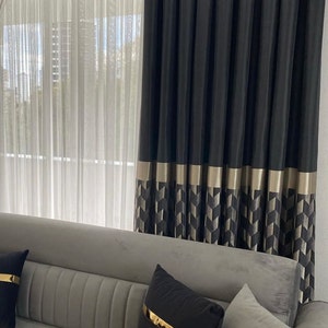 Luxury Curtain Panel Striped Patterned Fabric Bedroom Dining Room Black ...