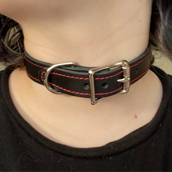 3/4" Wide Black Leather Collar Choker Stitched Border Plain Spiked ...