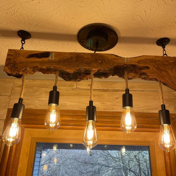 Live Edge Olive Wood Pendant Chandelier for Dining Room, Rustic ...