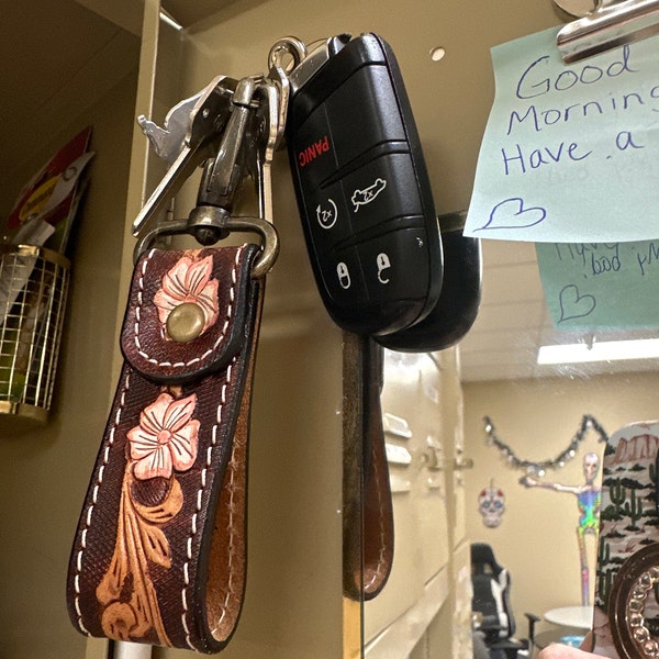 Tooled Leather Tab Key Fob - Etsy