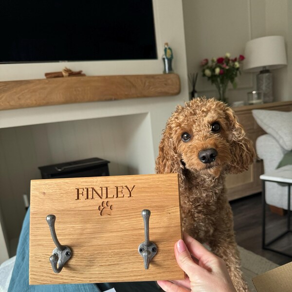 Personalised Oak Double Hook Dog Lead Hanger | Handmade Dog Lead Hook ...