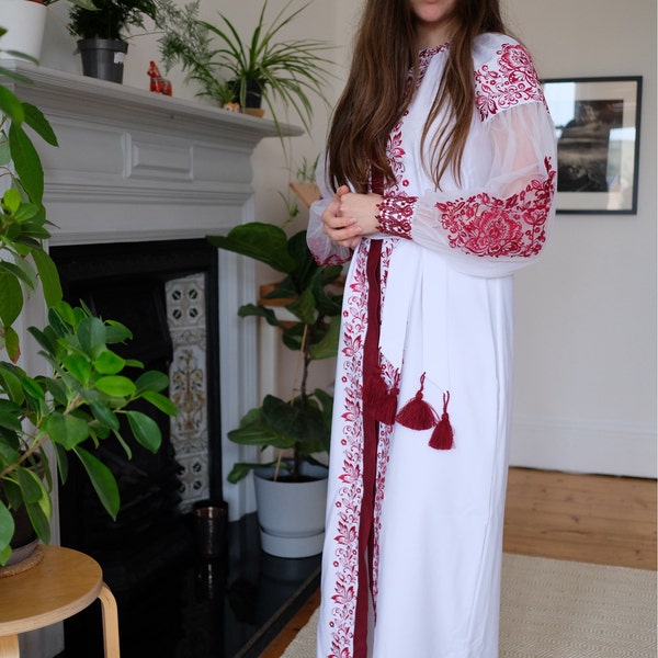 Blue Embroidery Vyshyvanka Dress White Tulle Sleeves Dress With Belt ...