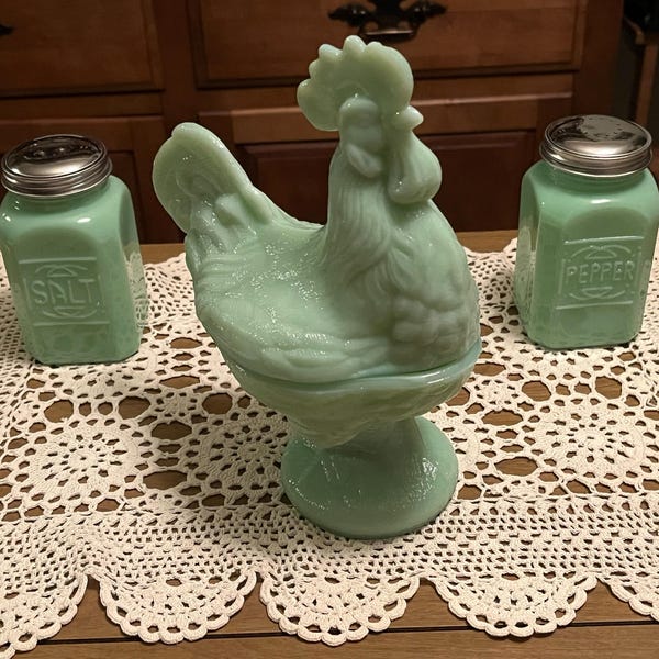 Jadeite Depression Style Glass Rooster Chicken Covered Candy Dish With ...