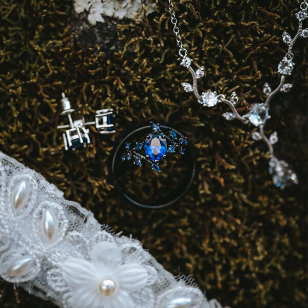 Skye Rose Gold Ruby Leaf Couples Ring Set His and Hers Matching Wedding Band Red Ruby & Black ...