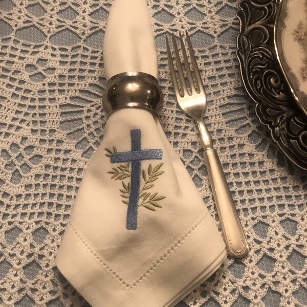 Set of Embroidered Easter Napkins, Religious Cross, Matthew 28:6 ...