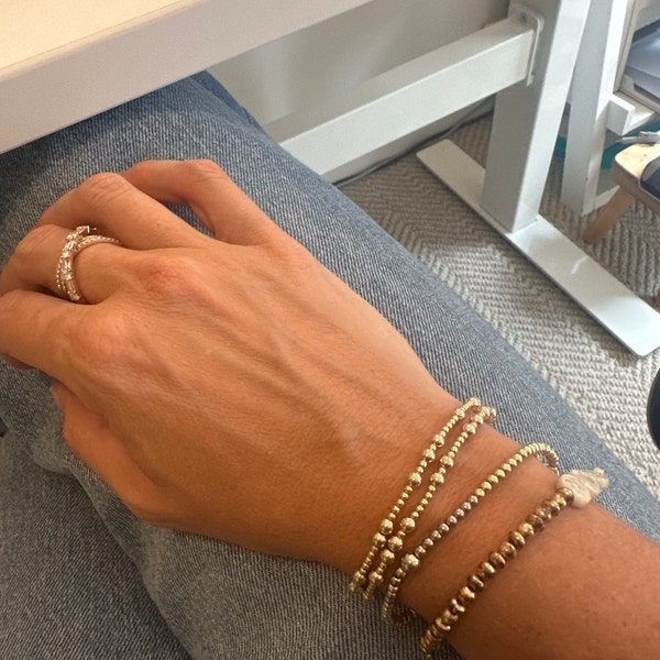 2mm 14k Gold Filled Gold and Pearl Beaded Bracelet Stack • Dainty ...