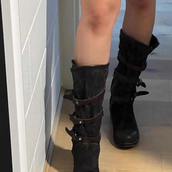 Motoman Vintage Harness Ring Boots Black Moto Riding Square Toe EU 44 ...