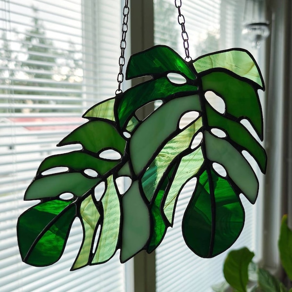 Monstera Leaves Suncatcher Stained Glass Window Decor Hanging Home ...