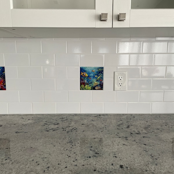 Coral Reefs Under the Sea, Art on a Glossy Ceramic Decorative Tile ...