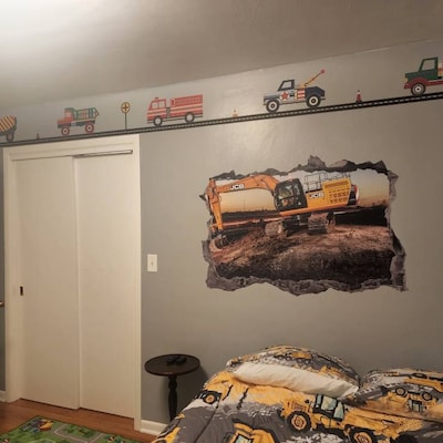 Excavator Smashed Wall Decal 3D Art Stickers Construction Site Truck ...